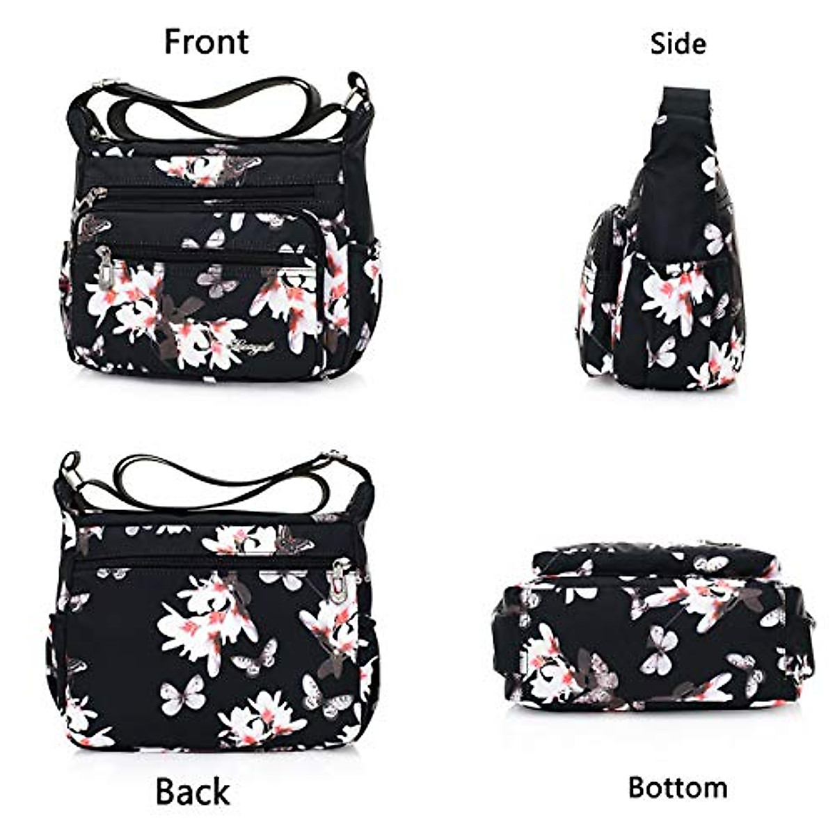 Nawoshow Nylon Floral Multi-Pocket Crossbody Purse Bags for Women Travel Shoulder Bag (Flower&Butterfly)