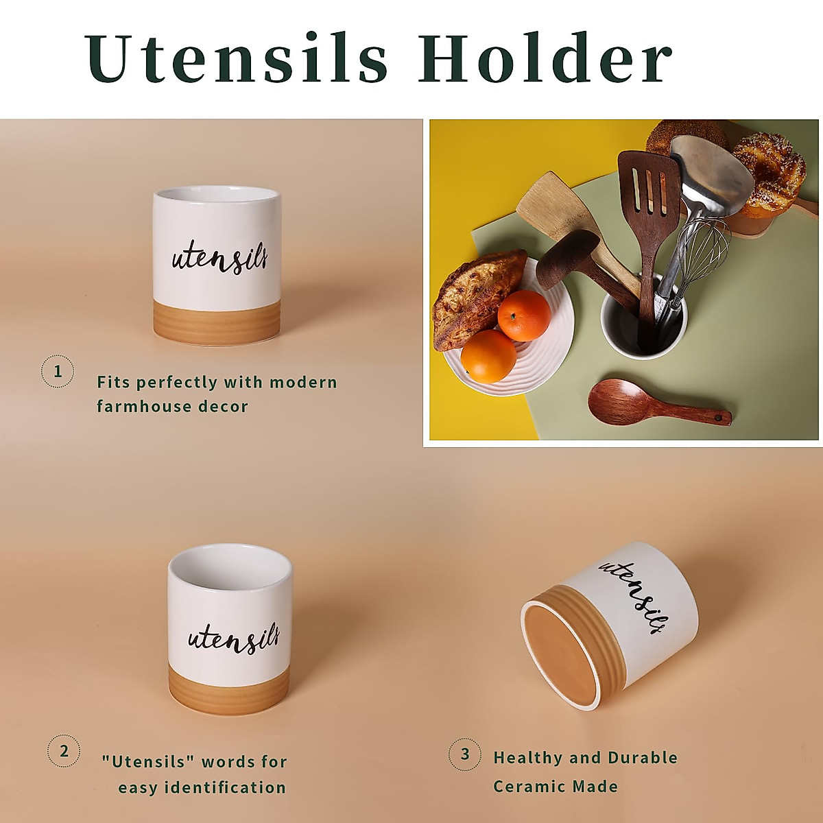 LEETOYI Ceramic Utensil Holder, Utensil Crock for Kitchen Counter, Farmhouse Kitchen Decor, Countertop Utensil Storage Caddy Organizer, Easy to Clean 4.5 inch, White