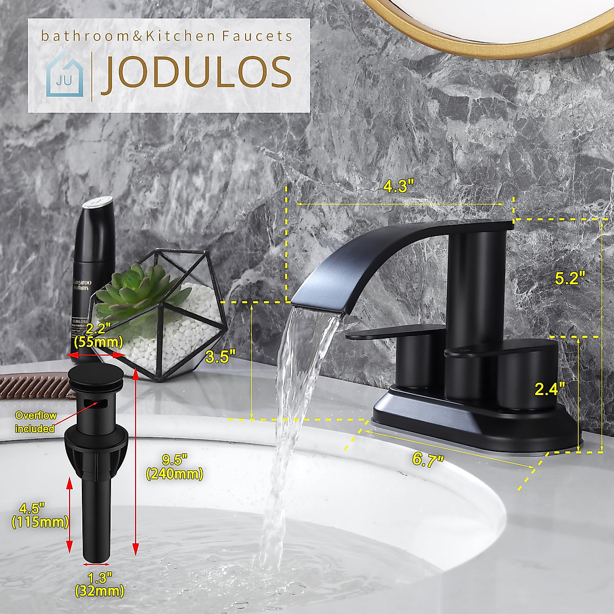 4 inch Centerset Bathroom Faucets Black Matte, Jodulos 2 Handle Waterfall Bathroom Sink Faucet with Pop Up Drain Stopper, Stainless Steel Bathroom Sink Faucet with cUPC Supply Lines JU-DE-201-BK