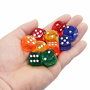 Dice Set 100 Pcs, 16MM (5/8 inches) 6 Sided Translucent Colors Game Dice,10 Colors, with Black Pouch