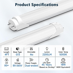 SHINESTAR T8 LED Bulbs 4 Foot, Tube Lights 18W 5000K Daylight, Ballast Bypass, Dual-end, T8 T10 T12 LED Replacement for Fluorescent Tubes, 2 pin G13 Base, Frosted Cover, 4 Pack