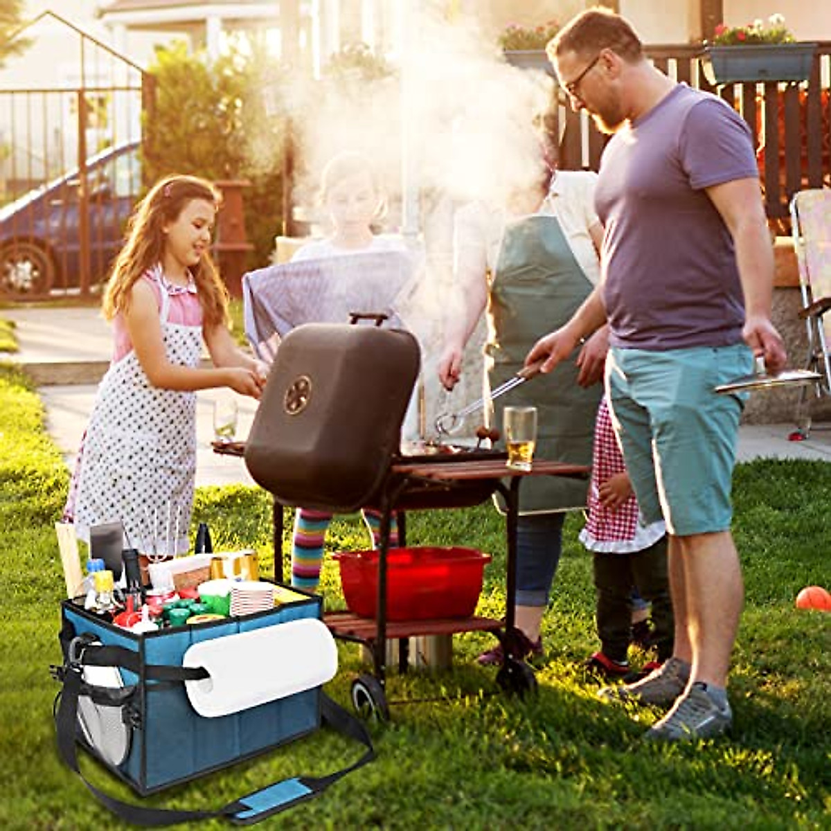 Large Grill and Picnic Caddy, Equipped with Paper Towel Holder, Condiments, Barbecue Utensils, Plate, Easy Carry Griddle Caddy, Must Haves for Outdoors Tailgating Accessories, Camper, Travel, Car, RV