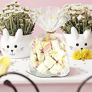 100Pcs Daisy Candy Bags Gusseted Cellophane Bags (Size 5.9"x9"x2"）With Gold Twist Ties, Best Gusset Bag for Presenting Packaged Treats, Candys, Cookies Gift Bags