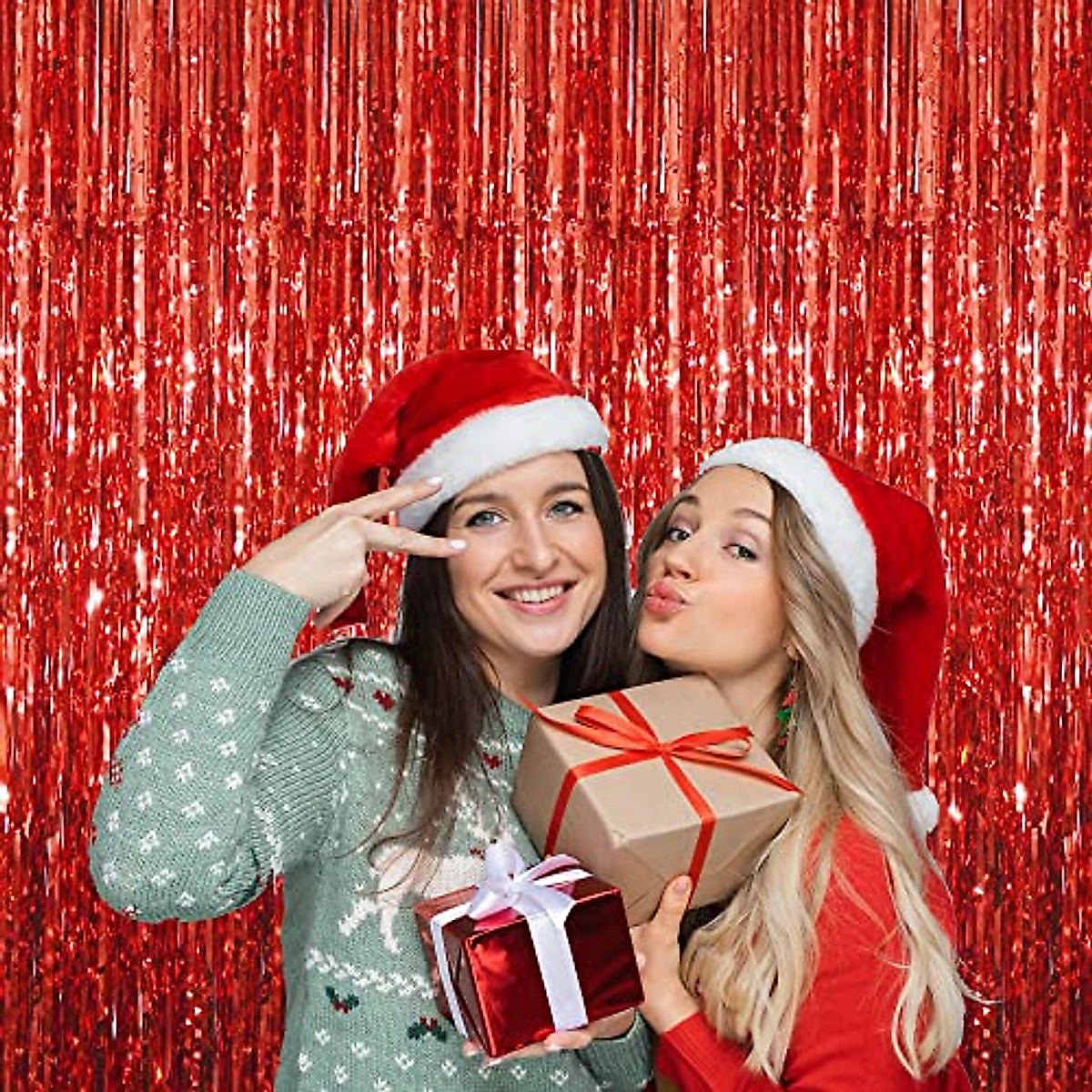GOER 3.2 ft x 9.8 ft Metallic Tinsel Foil Fringe Curtains Party Photo Backdrop Party Streamers for Birthday,Graduation,New Year Eve Decorations Wedding Decor (1 Pack, Red)