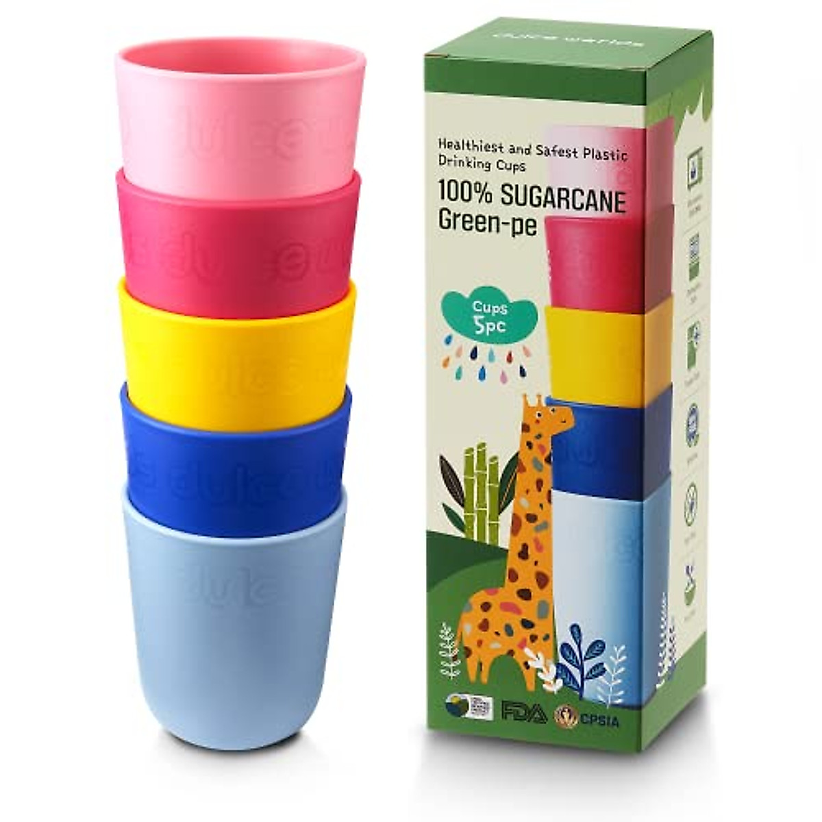 Dulce Worlds SUGARCANE Kids Cup 10 oz - 5 Pack, BPA Free - USDA Certified Toddler Cup - Dishwasher Safe, Reusable, Unbreakable - Multi