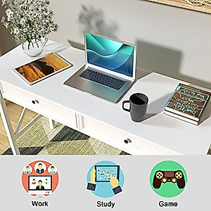 White Computer Desk with 2 Drawers, Modern Makeup Vanity Desk with Storage, Writing Desk for Home Office, 42'' Long Study Simple White Desk for Bedroom Console Table Living Room