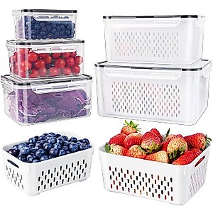 6 PCS Large Fruit Containers for Fridge - Leakproof Food Storage Containers with Removable Colander - Dishwasher & Microwave Safe Produce Containers Keep Fruits, Vegetables, Berry, Meat Fresh longer