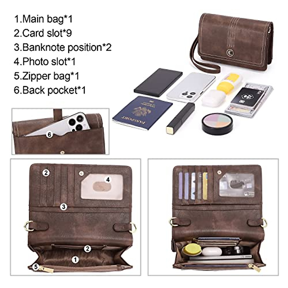 CLUCI Crossbody Purse for Women Wristlet Wallet Small Shoulder Bag with Card Slots Leather Flap Cell phone Clutch Two-toned Coffee