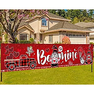 Happy Valentine Day Banner Decoration-Red Buffalo Gnome Yard Sign Banner,Be Mine Love Bling Banner for XOXO Valentine Decoration