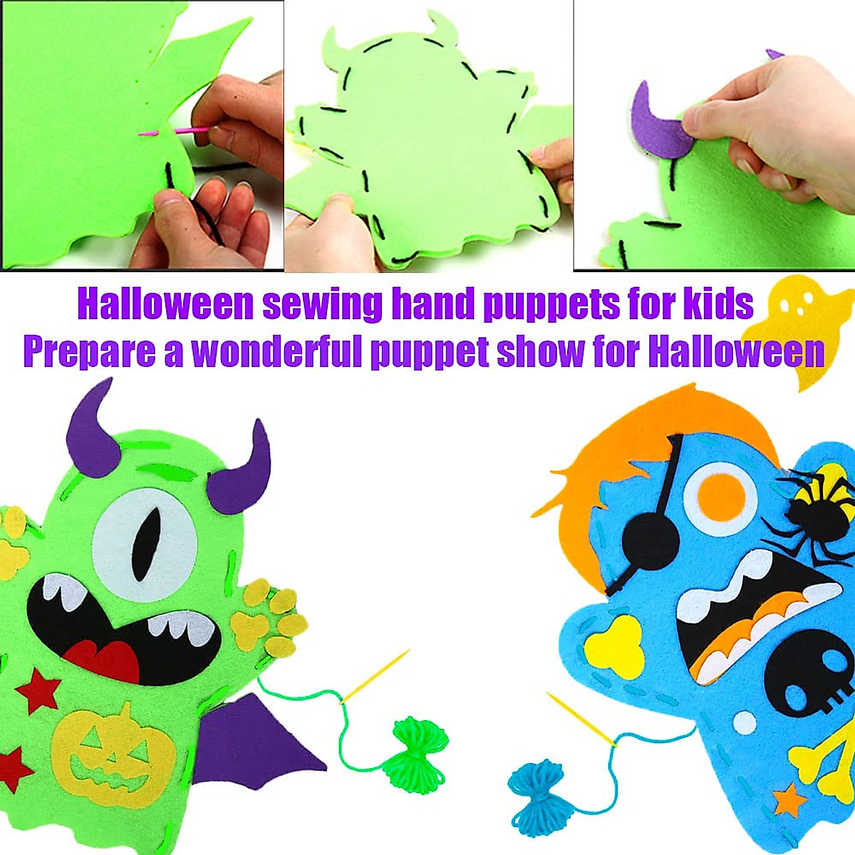 Yaveron 6PCS Halloween DIY Hand Puppets Sewing Craft Kit for Kids Felt Sewing Art Toys, Story Telling, Introduction to Sewing, Manual Activity
