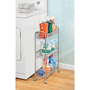 mDesign Steel Rolling Utility Cart Storage Organizer Trolley with 3 Basket Shelves for Laundry Room, Mudroom, Garage, Bathroom Organization - Holds Detergents, Hand Soap - Biro Collection, Silver