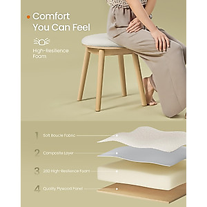 SONGMICS HOME BOHOVEN Collection - Vanity Stool, Upholstered Makeup Stool with Solid Wood Legs, Round Footstool, Non-Slip Foot Pads, Boho Style, for Bedroom, Makeup Room, Cream White and Oak Beige