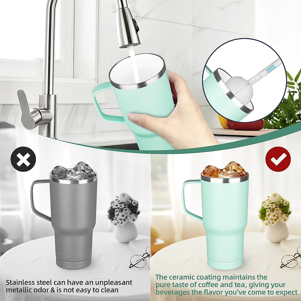 20 oz Insulated Coffee Mug with Ceramic Coating, Stainless Steel Travel Mug Tumbler with Handle Lid and Straw, Double Wall Leak-Proof Thermos Coffee Travel Mug Keeps Drink Hot and Cold (Green)