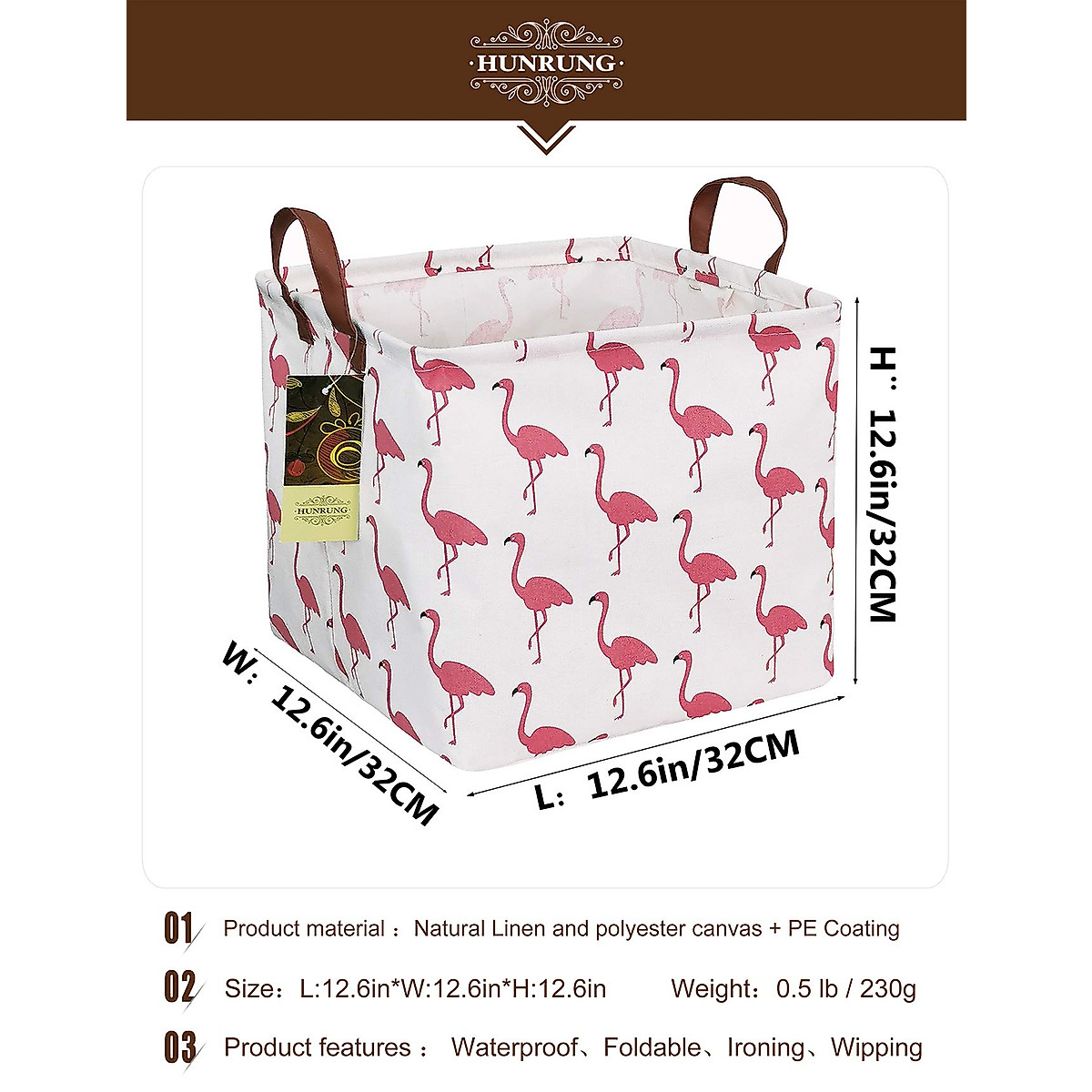 HUNRUNG Square Storage Bins Nursery Hamper Canvas Laundry Basket Foldable with Waterproof Nursery Boxes for Shelves/Gift Baskets/Toy Organizer/Office, Bedroom (Square-Pink Flamingos)