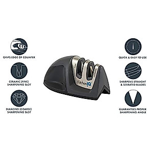 KitchenIQ 50825 | Diamond Deluxe Edge Grip 2-Stage Knife Sharpener | Black | Coarse & Fine Sharpeners | Compact for Easy Storage | Non-Slip Base | Soft Grip Rubber Handle | Straight & Serrated Knives