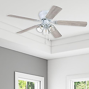 Portage Bay Ceiling 52" Renton White Indoor Fan with Clear 3 Light LED Multi Arm E26/B11 Bulb and Pull-Chains, Traditional Style, 5 Reversible Gray Oak Blades, 51441, 52 Inch