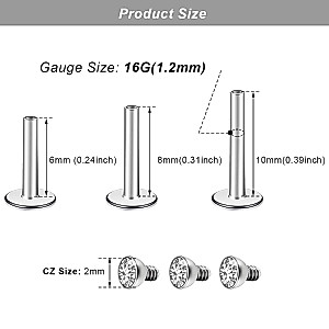 CrazyPiercing 6Pcs 16G 6-10MM Stainless Steel Lip Rings Nose Studs Piercing Internally Threaded