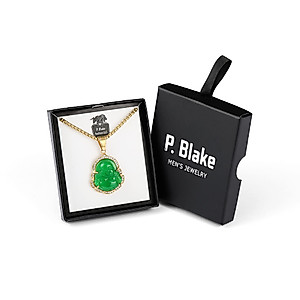 P.BLAKE Green Laughing Buddha Gold Necklace for Men Women, Stainless Steel Buddha Pendant Chain Buddhist Jewelry Gifts (Green 24 Inches)