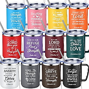 Nitial 12 Pcs 17 oz Christian Coffee Mugs with Lid and Straw Religious Bible Verse Christian Gifts Insulated Inspirational Bible Affirmations Tumbler for Friend Men Women Church Favor (Colorful)