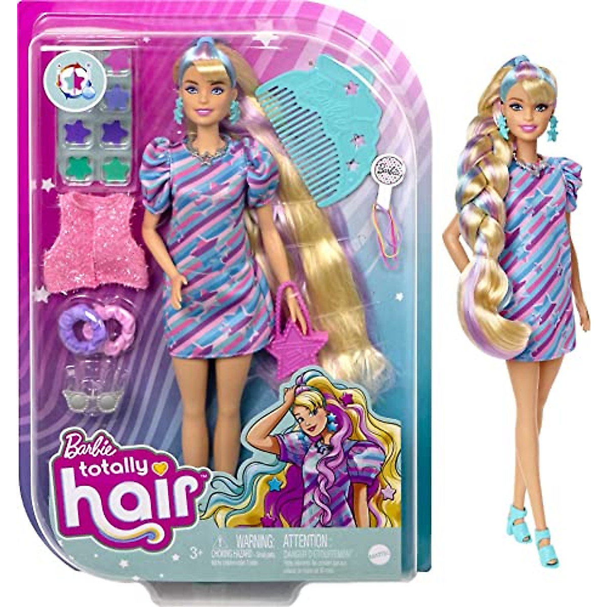 Barbie Totally Hair Doll, Star-Themed with 8.5-Inch Fantasy Hair & 15 Styling Accessories (8 with Color-Change Feature)