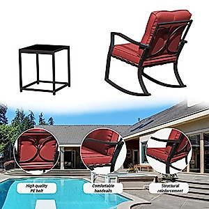 RTDTD 3 Piece Outdoor Rocking Chairs Patio Bistro Sets Modern Patio Furniture Set Conversation Sets with Coffee Table & 2 Red Thickened Cushions for Garden, Pool, Backyard