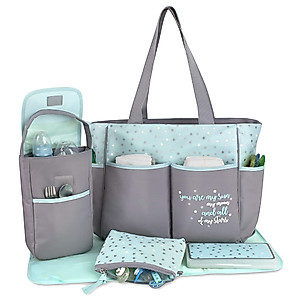 Diaper Bag Tote 5 Piece Set with Sun, Moon, and Stars and Baby Portable Changing Pad, Diaper Bag, Travel Mat Station Gift Set