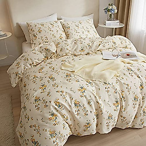 EAVD Yellow Botanical Floral Duvet Cover Queen Soft Cotton Reversible Floral Bedding Sets Full Aesthetic 1 Botanical Duvet Cover with 2 Pillowcases Chic Garden Flower Bedding Sets for Girls Women