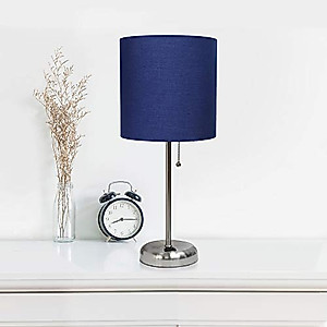 Limelights LT2024-NAV Brushed Steel Stick Table Desk Lamp with Charging Outlet and Drum Fabric Shade, Navy, 8.5 x 8.5 x 19.5