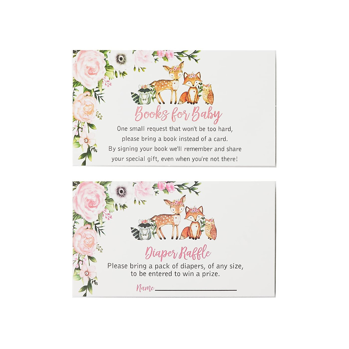 Boxed 25 Girl Woodlands Floral Greenery Baby Shower Invitations (Large Size 5X7 inches), Diaper Raffle Tickets, Book Request Cards with Envelopes Woodland Creatures Invites Fox, Deer, Owl, Raccoon