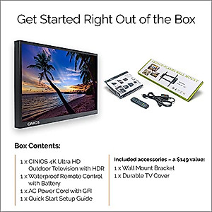 CINIOS Hurricane 43-inch LED 4K Outdoor TV - IP55 Weatherproof, 1500nits Brightness, Shade & Full Sun Bright HDR Television, For Outside Backyard, Waterproof Remote, With TV Cover & Wall Mount Bracket