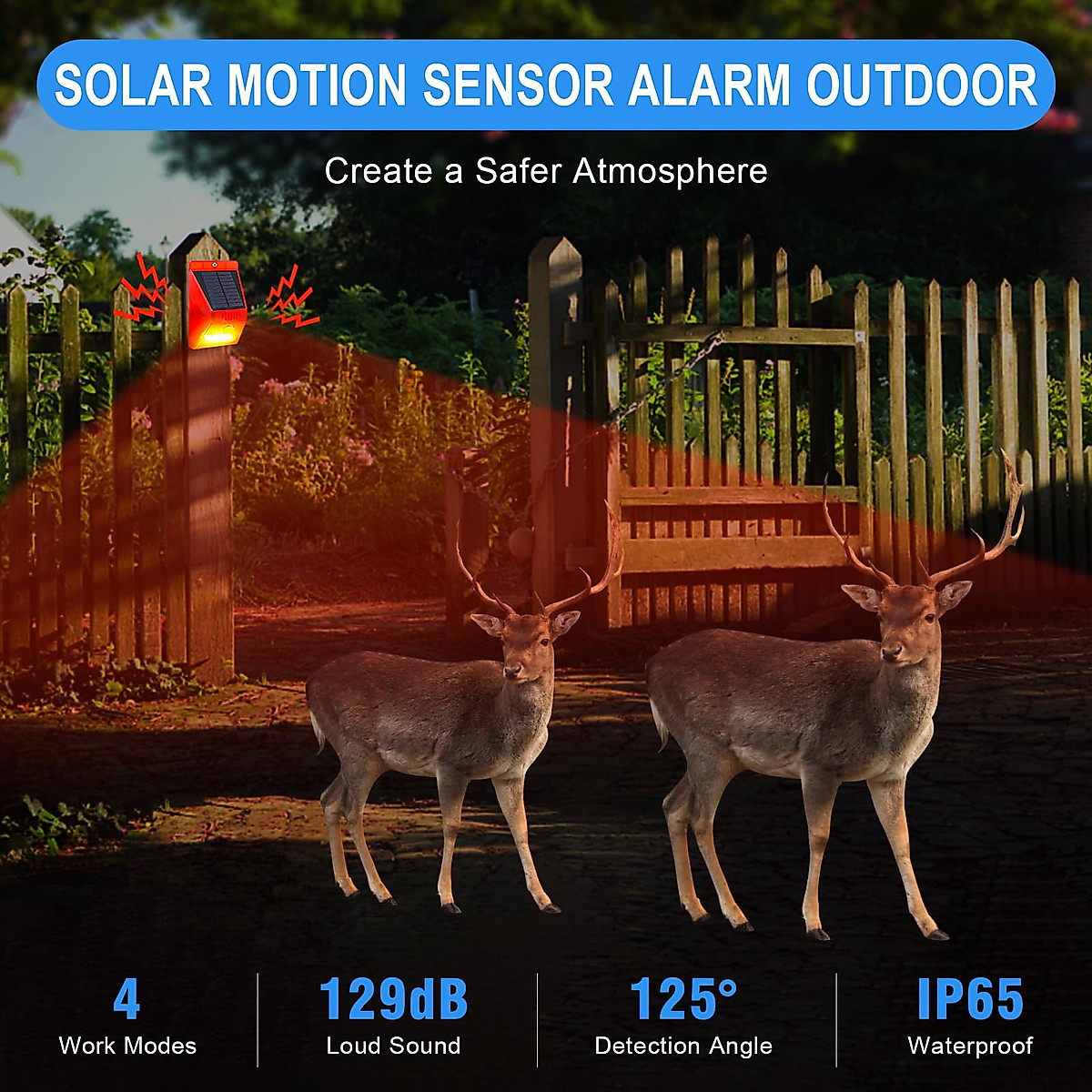 ChunHee Solar Alarm Strobe Light with Remote Control Motion Sensor Detector Outdoor Alarm 129db Sound Security Siren IP65 Waterproof Protected for Villa, Chicken coop, Farm, Yard, 4 Pack