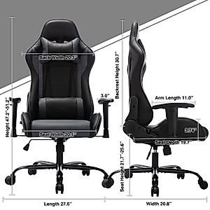 Reclining Gaming Chair - Adjustable Back Angle and Arms High Back PU Leather E-Sports Racing Gamer PC Computer Desk Swivel Office Chair - Grey