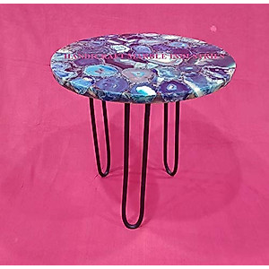 15" Inch Round Natural Blue Agate Coffee Table with with Metal Base, Agate Table, Stone Coffee Table, Agate Table Top, Agate Round Coffee Table