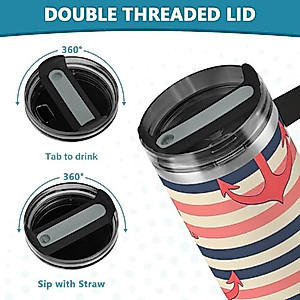 FRCSDIY Striped Anchor Insulated Tumbler with Handle and Straw Lid,40oz Leakproof Stainless Steel Cup BPA-Free Water Bottle