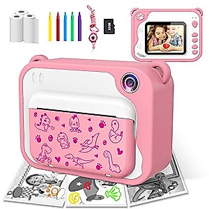 USHINING Instant Print Camera for Kids, 12MP Digital Camera for Kids Aged 3-12 Ink Free Printing 1080P Video Camera for Kids with 32GB SD Card,Color Pens,Print Papers (Pink)