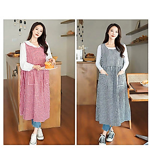 TALIBSA Plaid Apron Dress，Japanese Cotton Linen Cross Back Apron for Women with Pockets，Pinafore Dress with Waist Ties (Red Plaid)