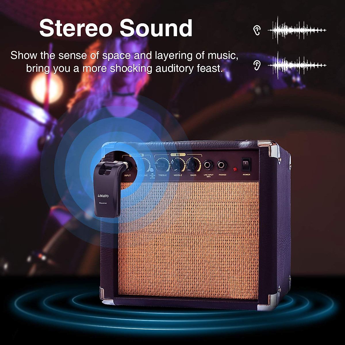 LEKATO Wireless Guitar System 2.4GHz Rechargeable Audio Wireless Transmitter Receiver 6 Channels for Guitar Bass Electric Instruments, Stereo and Mono 1/4” & 1/8” 2 in 1 Plugs,Black(WS-60)