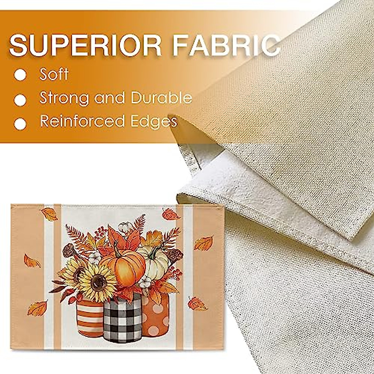 Seliem Fall Pumpkin Sunflower Placemats Set of 4, Autumn Leaves Flower Buffalo Plaid Mason Jar Farmhouse Dining Table Place Mats, Thanksgiving Seasonal Kitchen Decor Party Home Decoration 12x18 Inch