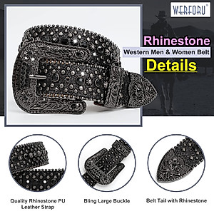 WERFORU Women Men Rhinestone Studded Western Leather Belt Ladies Vintage Bling Cowgirl Cowboy Waist Belt for Jeans Dress