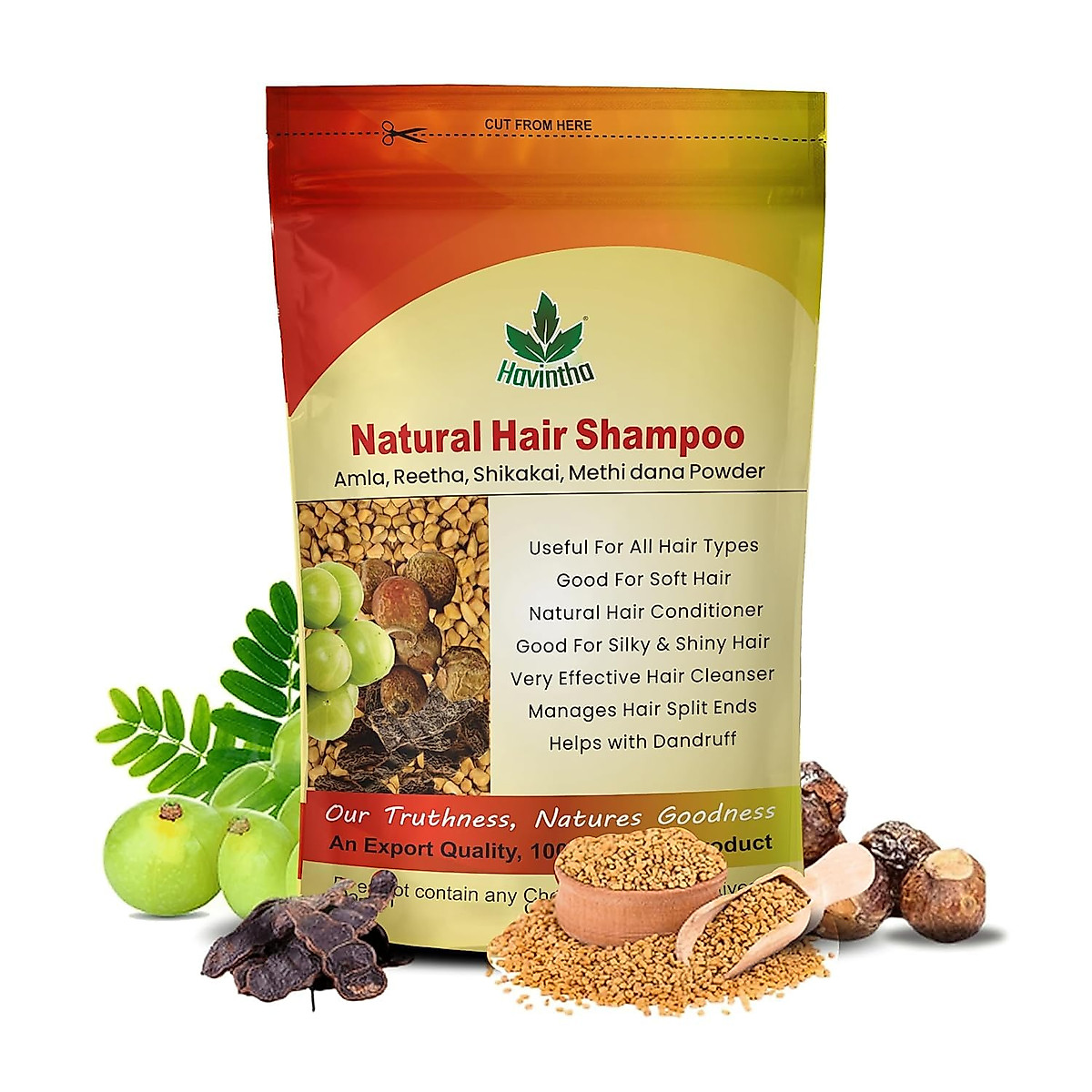 Havintha Natural Hair Shampoo with Amla, Reetha, Shikakai and Methi dana Powder for hair wash - 8 ounce | 0.5 pound | 227 grams (Pack of 1)
