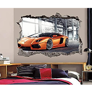 Lamborghini Wall Decal Smashed 3D Graphic Wall Sticker Art Mural Poster Kids Room Decor Gift UP29 (36"W x 24"H)