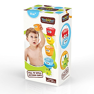 Yookidoo Baby Bath Toys - Fill 'N' Spill Set of Four Stackable Cups with Suction Cup Ring Holder and Water Wheel- Sensory Toy for Bath Time - Attaches to Any Bath Tub