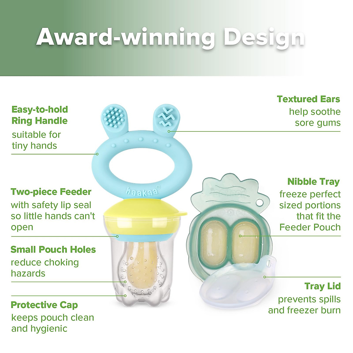 Haakaa Baby Fruit Food Feeder & Mini Freezer Nibble Tray Combo, Breastmilk Popsicle Molds for Baby Cooling Relief, BPA Free Silicone Feeder for Safe Infant Self Feeding, 4 Month+ (Blue)