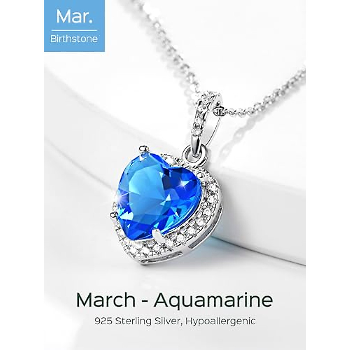 Love Heart Necklace Created March Birthstone Necklace Blue Created Aquamarine Sterling Silver Necklace