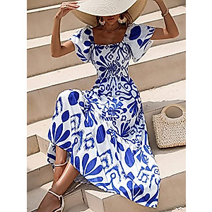 MakeMeChic Women's Floral Print Layered Short Sleeve Square Neck Ruffle High Waist A Line Summer Long Dress Blue and White XL
