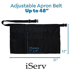 iServ 3 Pockets Black Waist Apron (21x12 inches). Clip-on Server Apron. Restaurant Half Aprons Waitress, Waiter, Server, Bartender, Busser, Barista, Money Apron, Check Holder, Organizer (1)