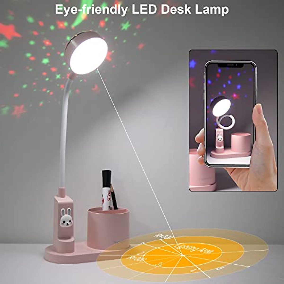 Kids Cute Kawaii Desk Table Lamp, Rechargeable Mini Portable Aesthetic Desk Lamp Desk Light with Star Projection & Pen Holder, Kawaii Desk Accessories for Kids Reading Home, Dorm as Best Gift.