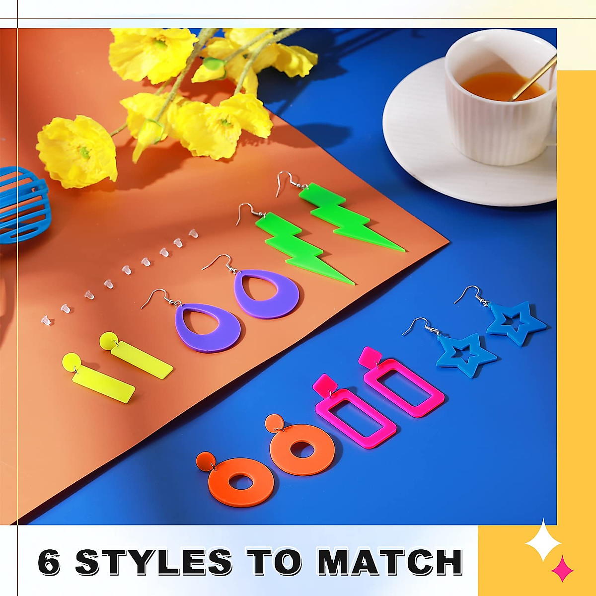 Hinly 6 Pair Halloween Neon Earrings Retro Geometric Neon Accessories 80s Jewelry for Women Simple Circular Oval Acrylic Dangle Drop Earrings Colorful Pendant Hoop Earrings for Costume Party, 6 Styles