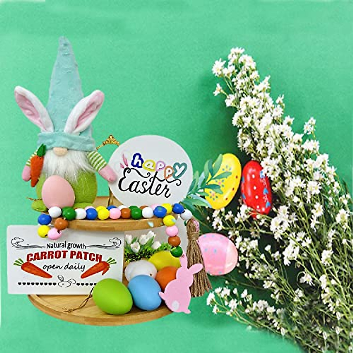 Easter Decorations-Easter Tiered Tray Decor-Easter Spring Table 2 Wooden Signs Gnomes Bunny,egg,Bead Garland Bundle-RusticTiered Tray Items (Easter Decorations)