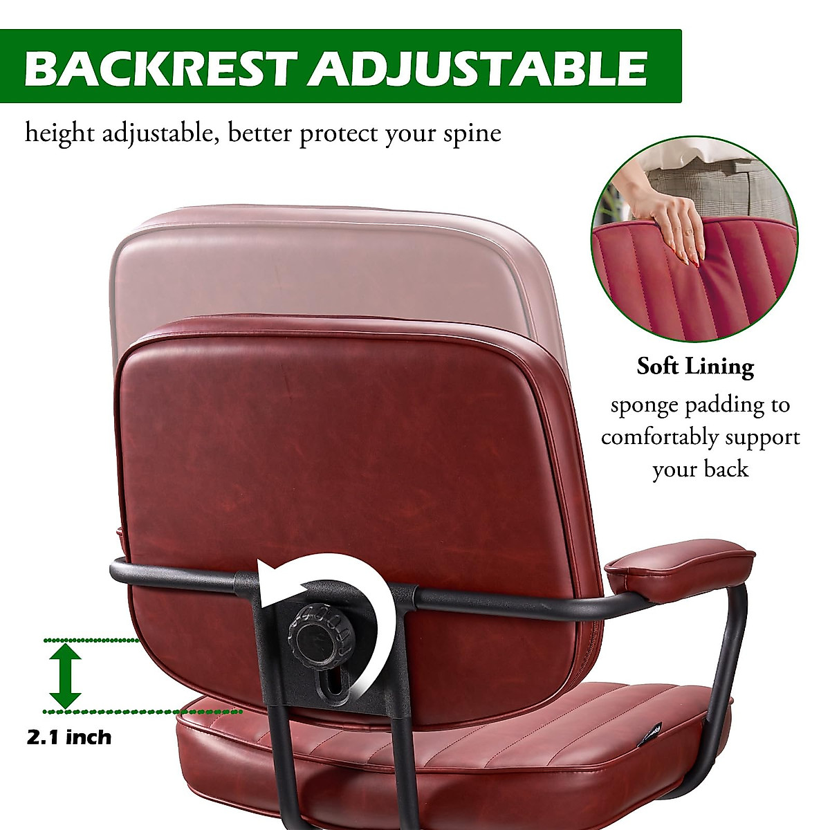 Mid Century Office Chair Leather Desk Chair Burgundy Office Desk Chair Home Office Chair with Wheels and Arms, by Artswish